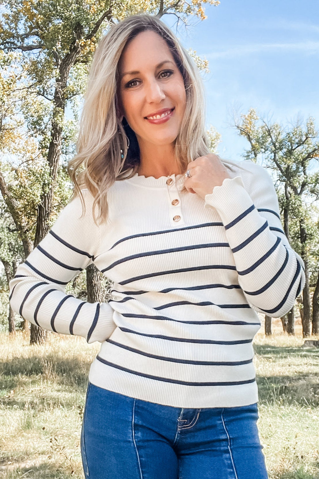 Navy + Off White Striped Sweater – Allure Boutique WY