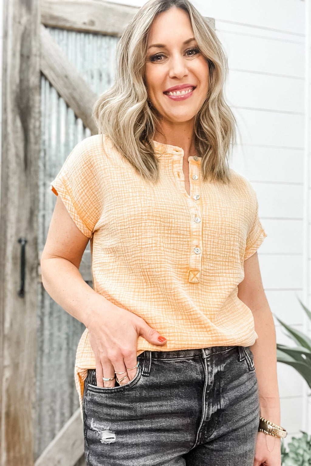 Short Sleeve Blouse with Buttons Sun Ray – Allure Boutique WY